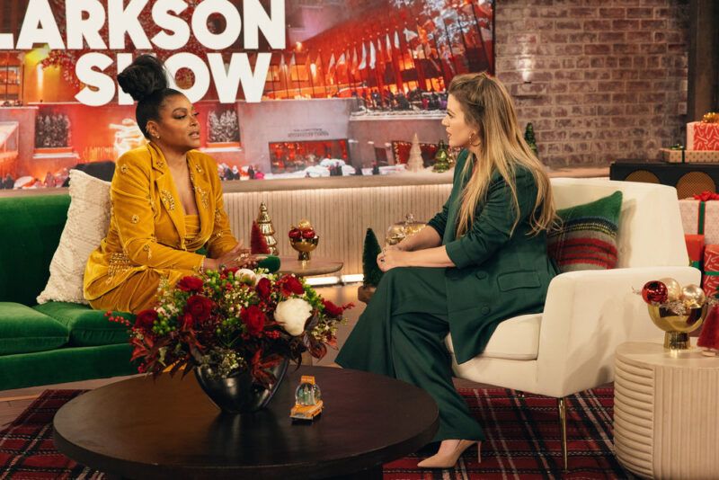 Wardrobe Breakdown: Taraji P. Henson Gold Velvet Suit On Kelly Clarkson ...